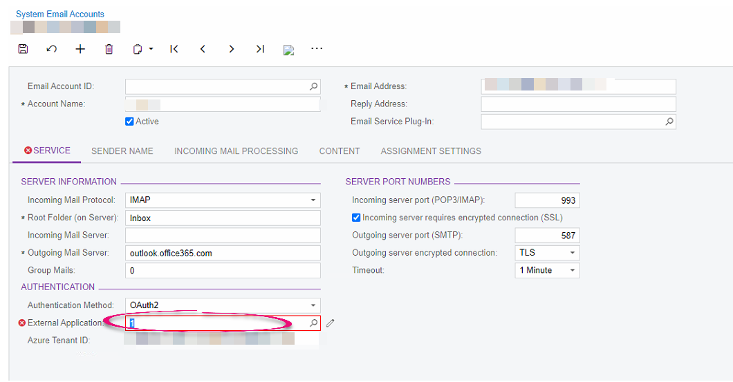 Unable to select external application ID in systems email account